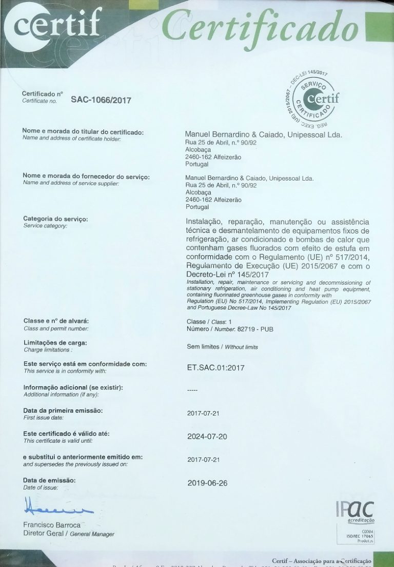 Empresa certificada pela CERTIF e CENTERM - Frioeste